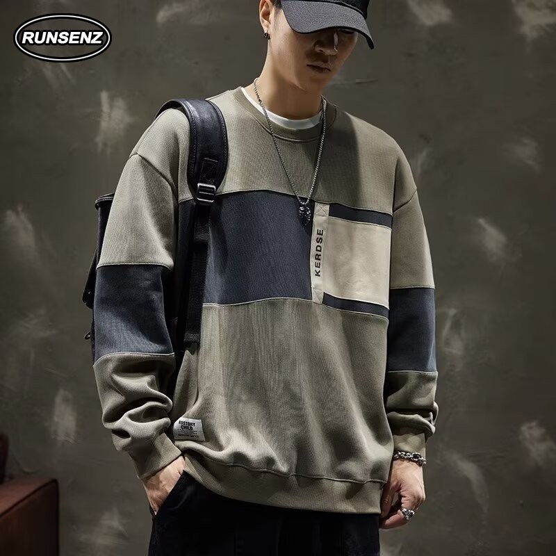 M-5XL 韓版街頭風拼接長袖大學T男 大尺碼上衣 圓領大學T 休閒寬鬆男生衣著 oversize 加大尺碼 | 蝦皮購物