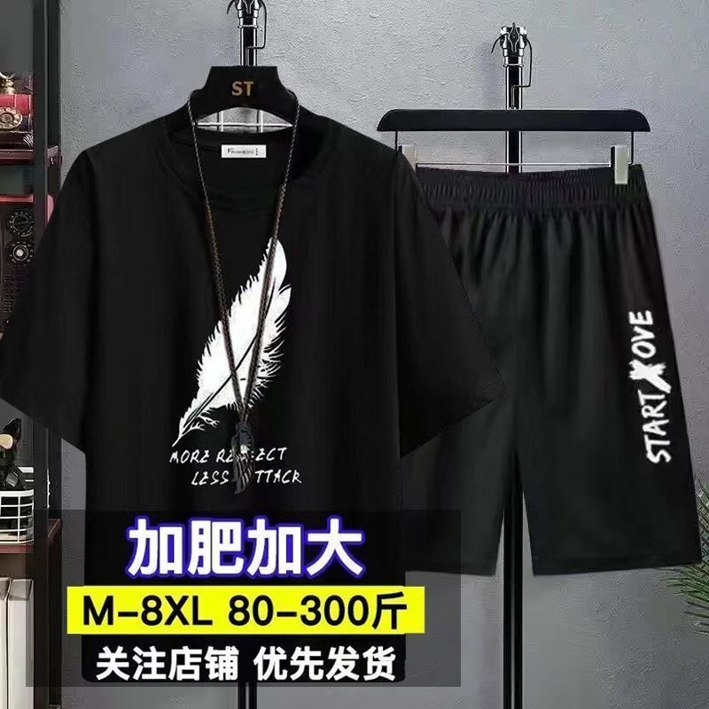 [M-8XL]潮流大尺碼男夏季套裝 休閒運動套裝 胖子肥佬加肥加大短袖T恤短褲兩件套 夏季兩件套 | 蝦皮購物