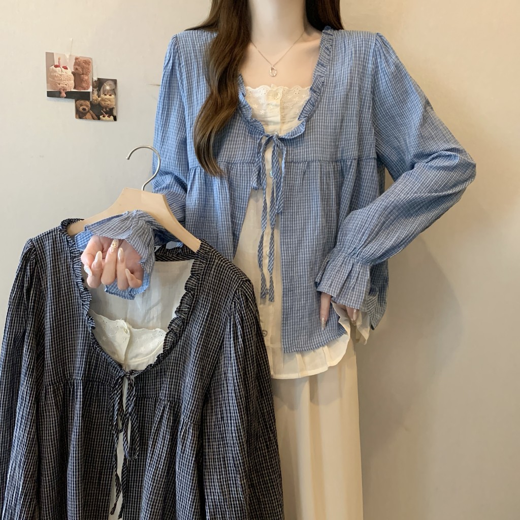 實拍韓版美装胖MM大碼女裝『40-100㎏可穿』M-4XL實拍大碼女裝鞦新款韓係條紋假兩件套上衣蕾絲拚接時尚長袖上衣 | 蝦皮購物