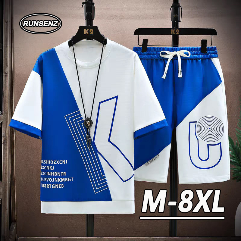 M-8XL 韓版潮流大尺碼運動套裝男 短袖T恤+短褲 男生兩件式套裝 休閒套裝 胖哥加大尺碼 | 蝦皮購物