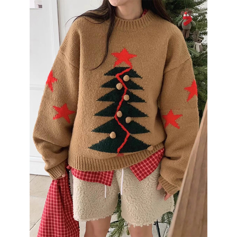 Trendy Frontline 韓國chic秋冬圓領寬鬆休閒耶誕樹提花百搭長袖毛衣女 | 蝦皮購物