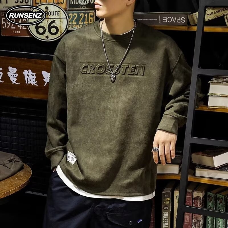 M-5XL 韓系復古麂皮絨大學T男 立體鋼印 圓領大學T 大尺碼上衣 顯瘦寬鬆男生衣服 休閒男裝 加大尺碼 | 蝦皮購物