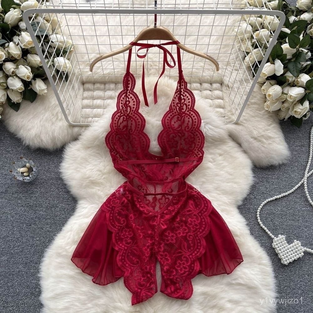 免運 台灣出貨 【店鋪熱銷】qqny風夏季性感誘惑蕾絲拚接低胸深v領係帶掛脖露背不規則連衣裙限時下殺 | 蝦皮購物