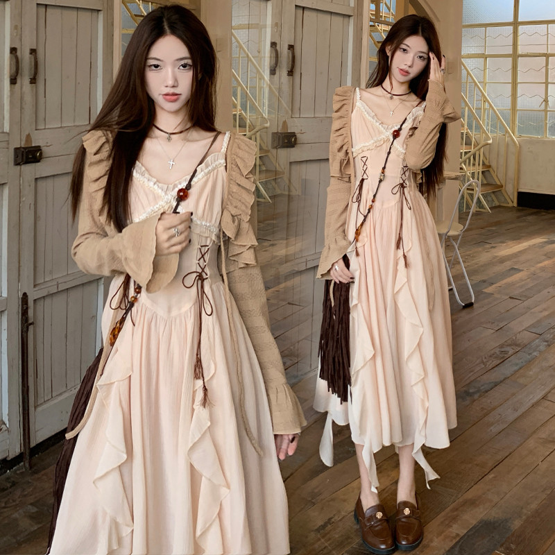 Miguo_波西米亞風吊帶裙女 春夏兩件套 L-4XL 大碼連衣裙 中長裙套裝 法式茶歇荷葉邊洋裝 | 蝦皮購物