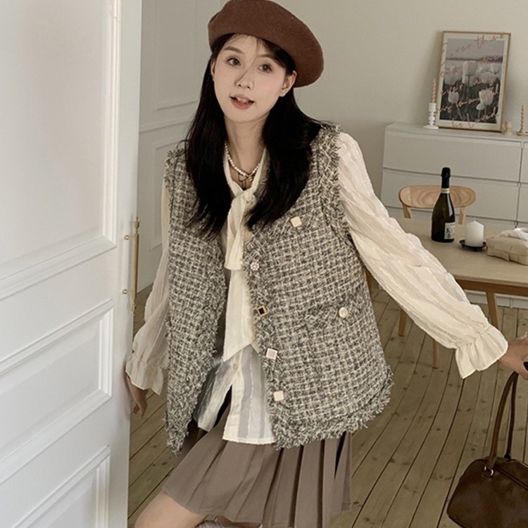 實拍韓版美装胖MM大碼女裝『50-100㎏可穿』L-4XL鞦季韓版時尚寬鬆顯瘦遮肉洋氣潮胖mm大碼小香風粗花呢馬甲外套 | 蝦皮購物