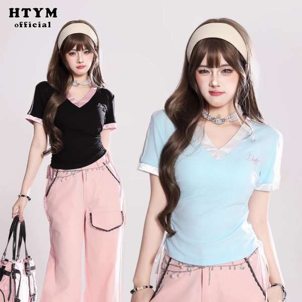 短板t 短板長袖 長t恤女 HTYM網球期刊 美式辣妹抽繩正肩短袖V領T恤女夏季緊身顯瘦短上衣 | 蝦皮購物