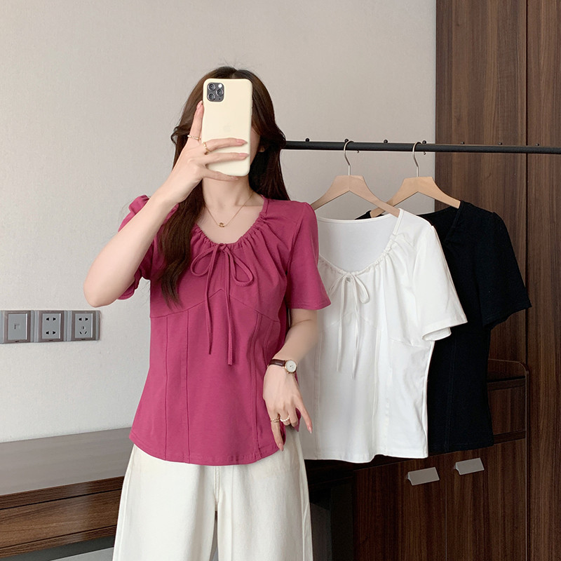 【肉肉家中大碼女裝】L-4XL 大尺碼夏裝新款胖mm大碼女法式設計感方領魚骨系帶短袖T恤 | 蝦皮購物