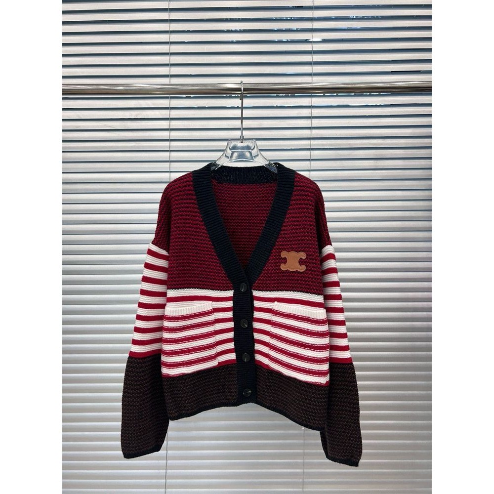 2024新款撞色秋冬紅色條紋上衣針織毛衣寬鬆開衫外套 JSDN | 蝦皮購物