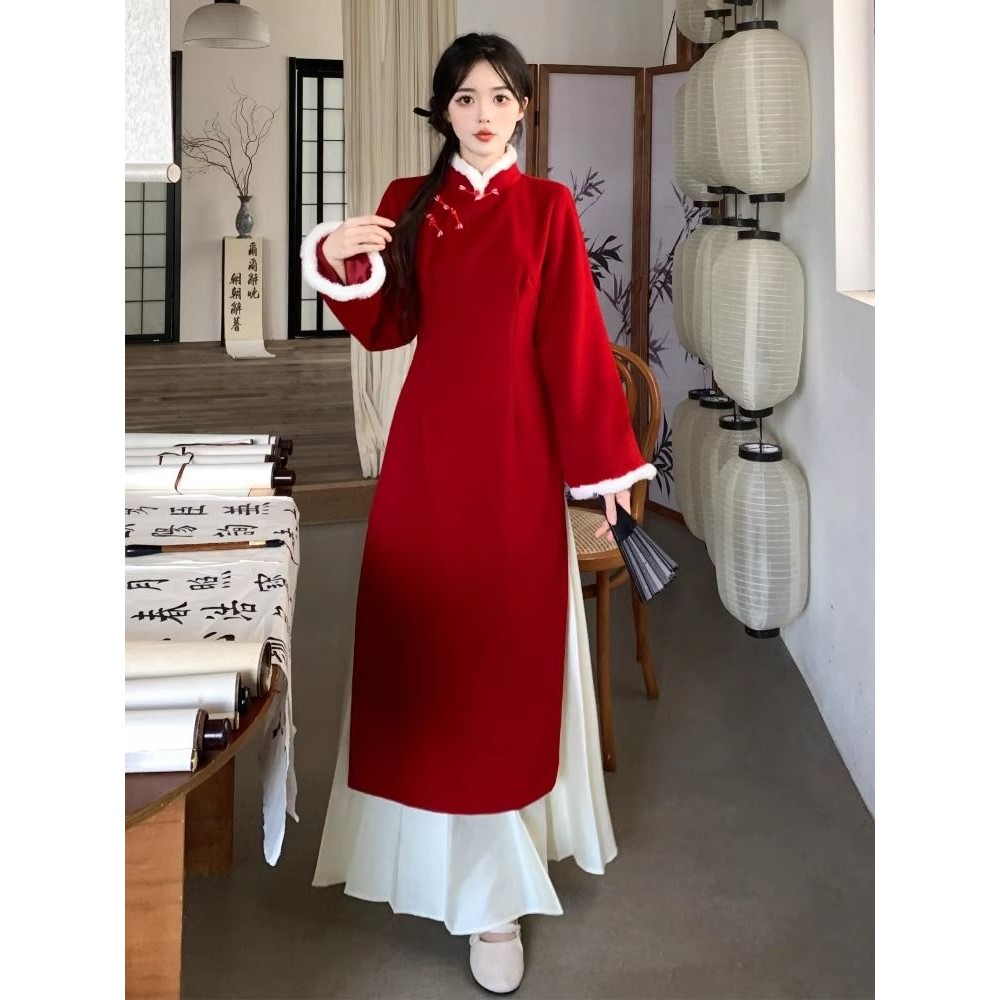 大尺碼女裝 套裝女 M-4XL 200斤胖mm 大尺碼新中式國風復古洋裝女秋冬顯瘦旗袍馬面裙兩件套 | 蝦皮購物