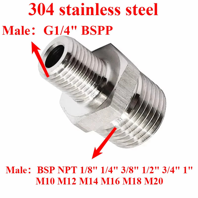 G1/4" BSP 外螺紋 轉 M10/M12–M20、1/8"–1" BSP/NPT 外螺紋 六角接頭 – 304不鏽 | 蝦皮購物