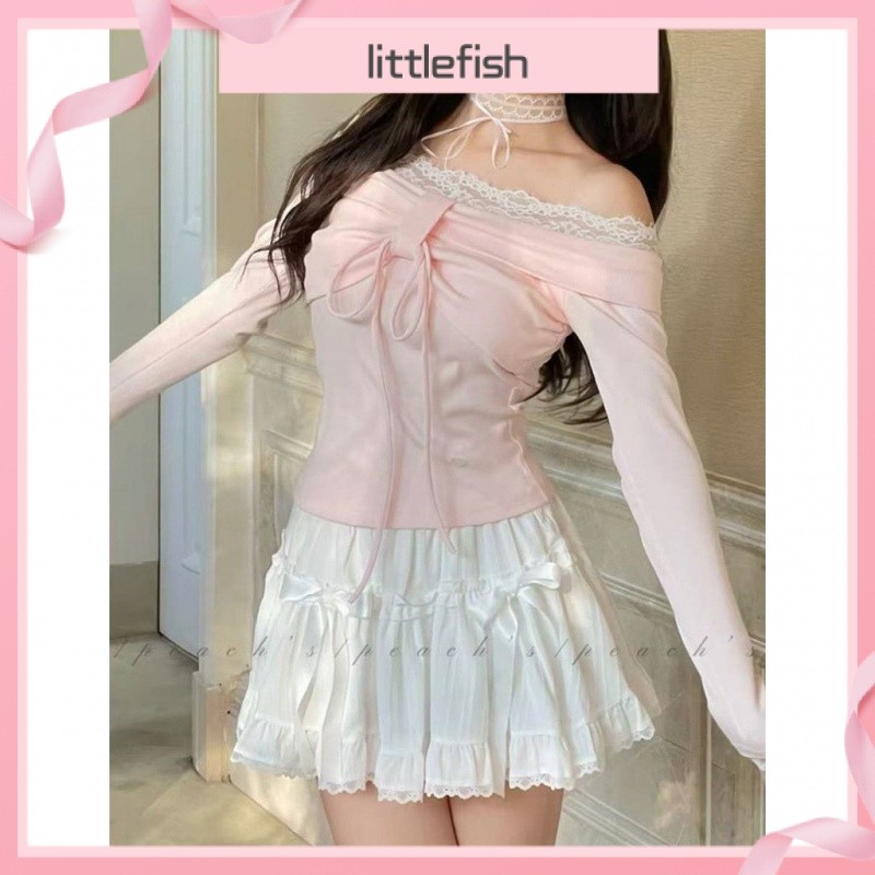[Littlefish] 純慾 少女 蕾絲 假兩件 蝴蝶結甜美 一字肩 長袖 T恤 修身 顯瘦 打底 上衣 | 蝦皮購物