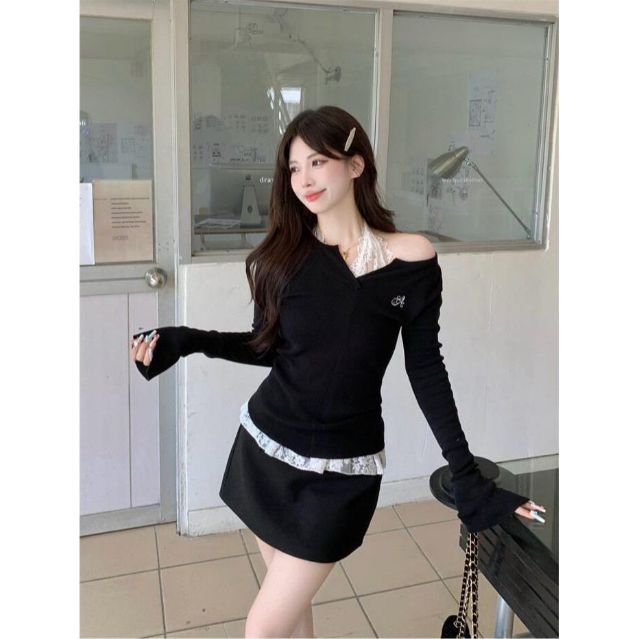 實拍韓版美装胖MM大碼女裝『40-100㎏可穿』M-4XL大碼女裝鞦季新款胖MM法式蕾絲掛脖背心疊穿露肩長袖上衣兩件套 | 蝦皮購物