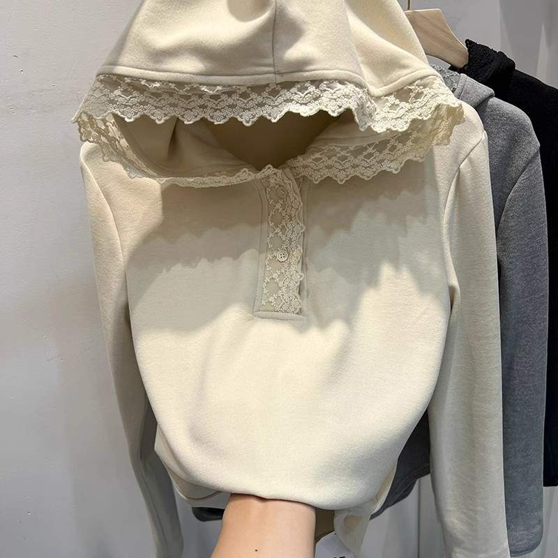 實拍韓版美装胖MM大碼女裝『40-150㎏可穿』L-4XL超大碼3拚接淑女蕾絲邊連帽衫長袖T恤女軟糯磨毛衛衣洋氣德絨上衣 | 蝦皮購物