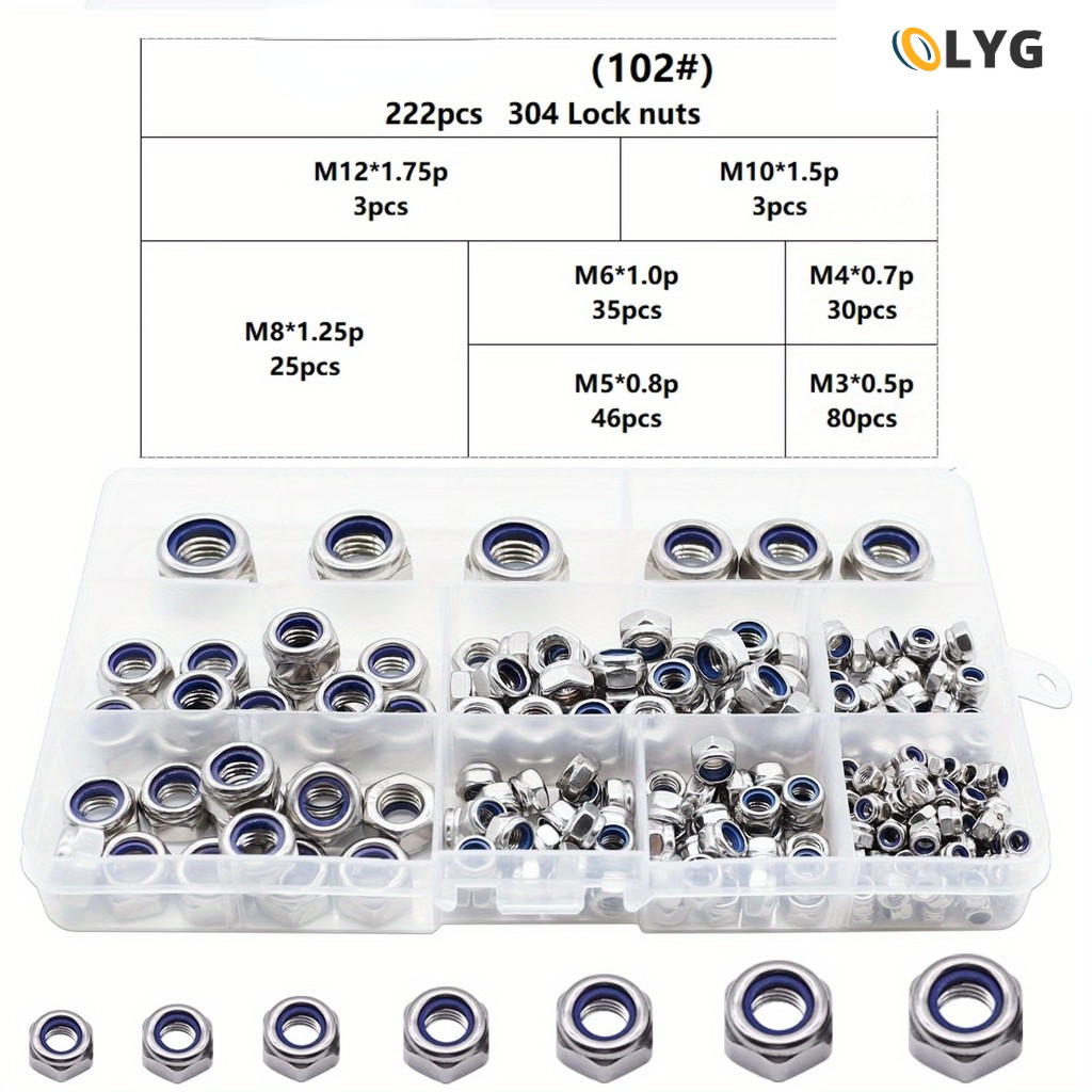 [LYG-0]222Pcs 公制六角螺母和鎖緊螺母組合套件 M3 M4 M5 M6 M8 M10 M12 304 不鏽鋼 | 蝦皮購物