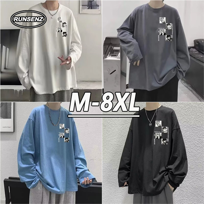 M-8XL 大尺碼長袖T恤 韓版卡通藍色上衣男 內搭長t 休閒寬鬆男生衣服 打底衫 加大尺碼男裝 | 蝦皮購物