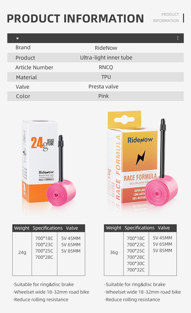 Ridenow 自行車內胎 Presta Valve 16''/18''/ 700C 超輕 19/24/36g 自行車 | 蝦皮購物