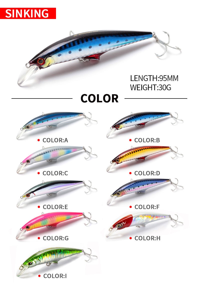 【多魚釣具】岸拋米諾 路亞 假餌 沉水米諾 95mm/30g 遠投 深潛 固定重心 高比重 海鱸 竹梭 | 蝦皮購物