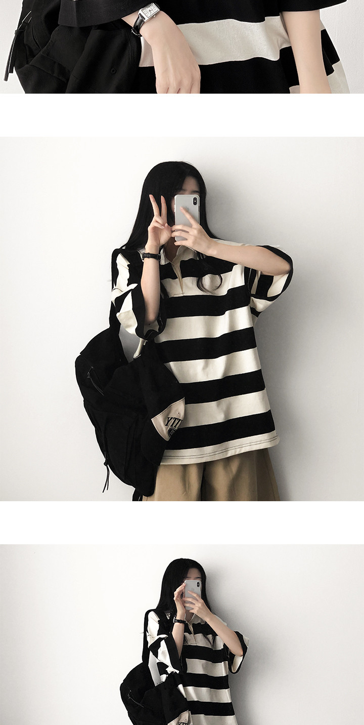 Codibook｜韓國 HIJJOO 寬鬆撞色條紋單排扣短袖T恤[預購]短袖上衣 女裝 | 蝦皮購物