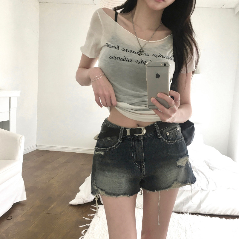 Codibook｜韓國 JASMINBELL 復古字母透膚露肩修身短袖T恤[預購]短袖上衣 T恤 女裝 | 蝦皮購物