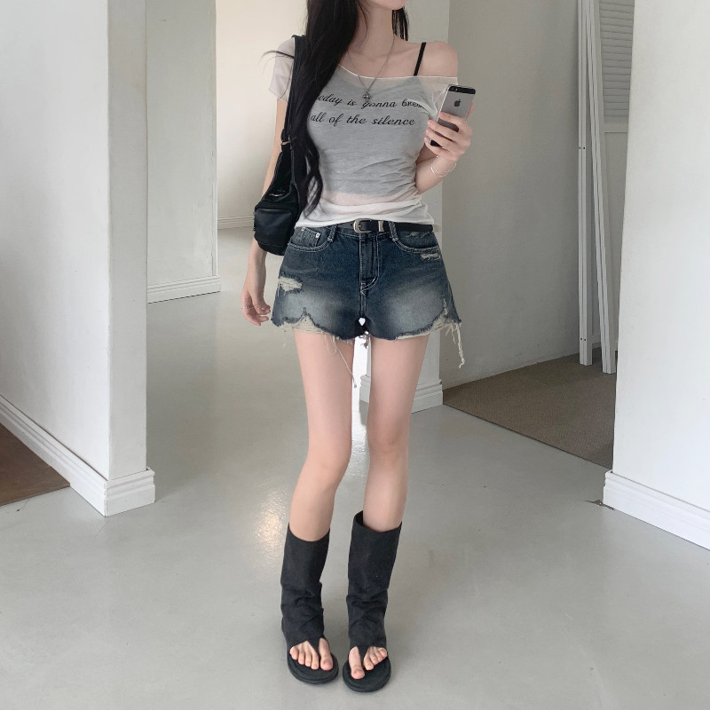 Codibook｜韓國 JASMINBELL 復古字母透膚露肩修身短袖T恤[預購]短袖上衣 T恤 女裝 | 蝦皮購物