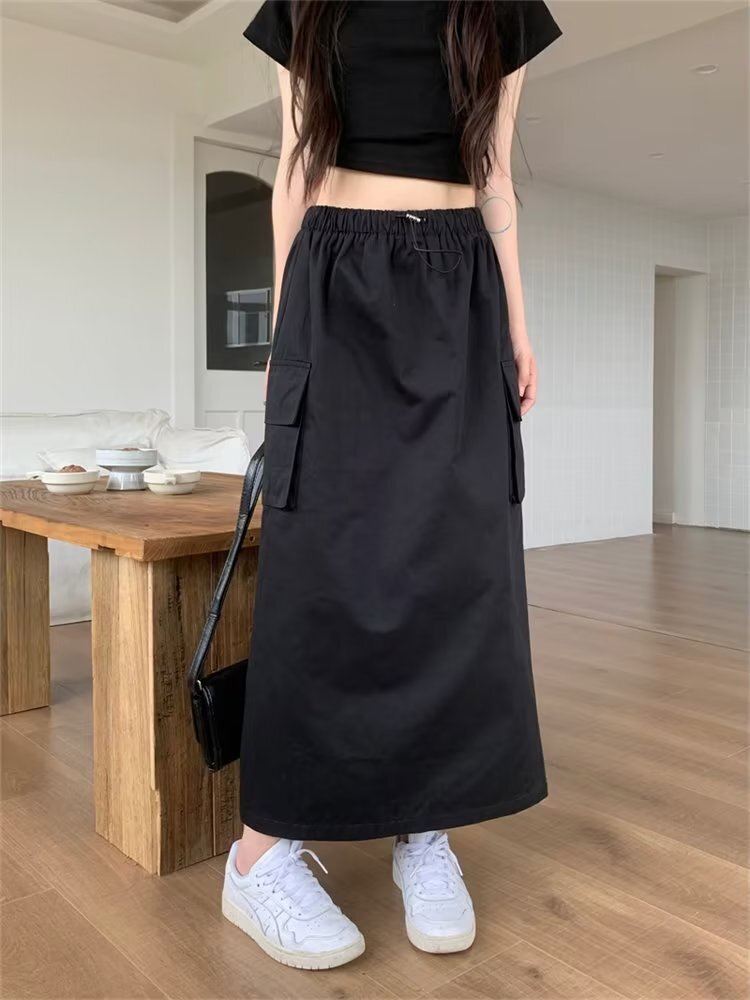 💕甜心大尺碼💕M-5XL 大尺碼胖mm工裝半裙女顯瘦新款高腰抽繩韓版休閑百搭長款半身裙子 | 蝦皮購物