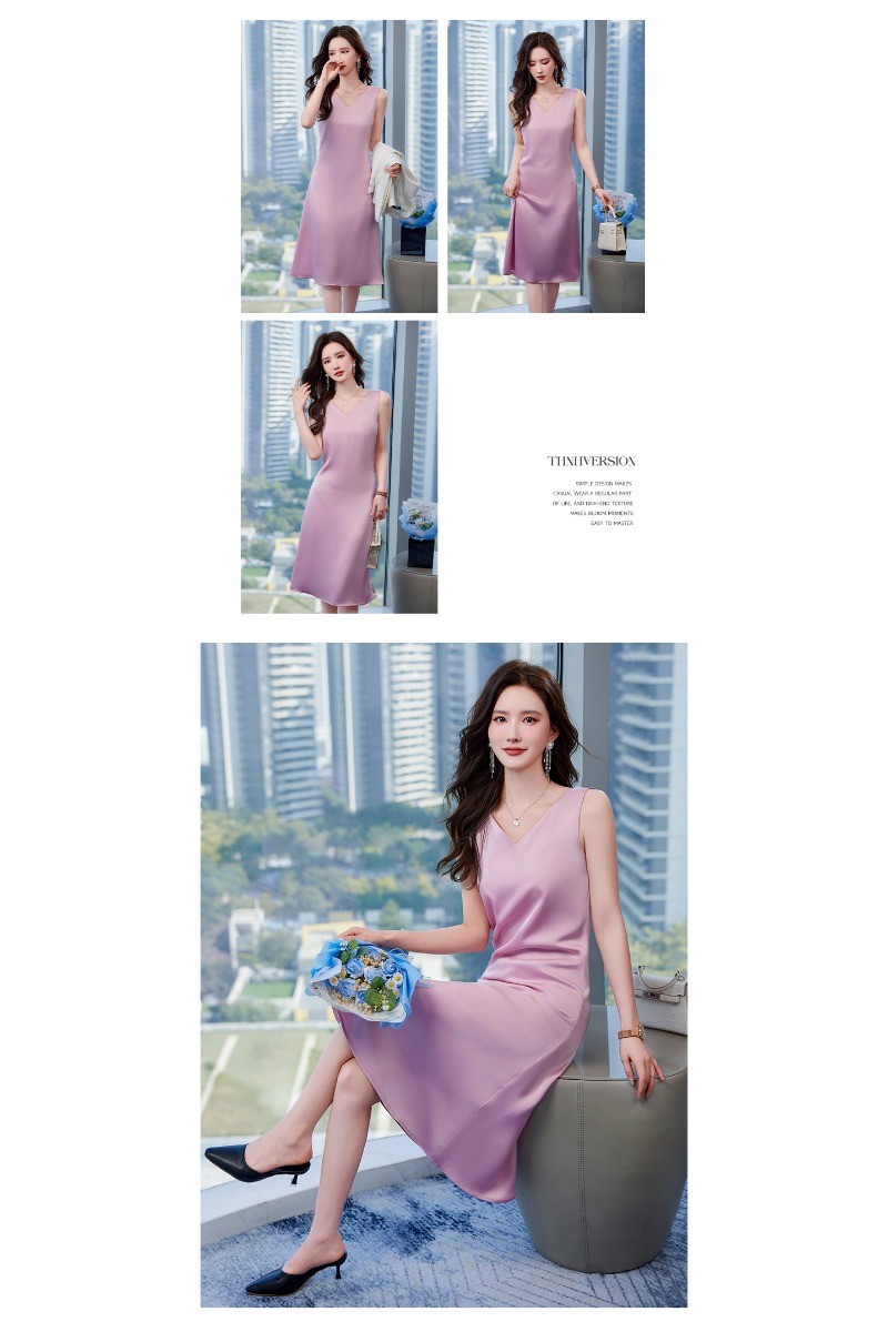 Miguo_高級感醋酸緞面V領連衣裙女 春夏新款 淑女氣質中長款無袖裙子 S-5XL 無袖洋裝 漸變色居家服 | 蝦皮購物