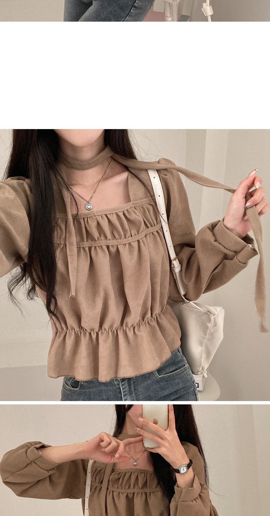 Codibook｜韓國 gifteabox 米色法式褶皺方領絲絨上衣附圍巾組合[預購]長袖上衣 女裝 | 蝦皮購物