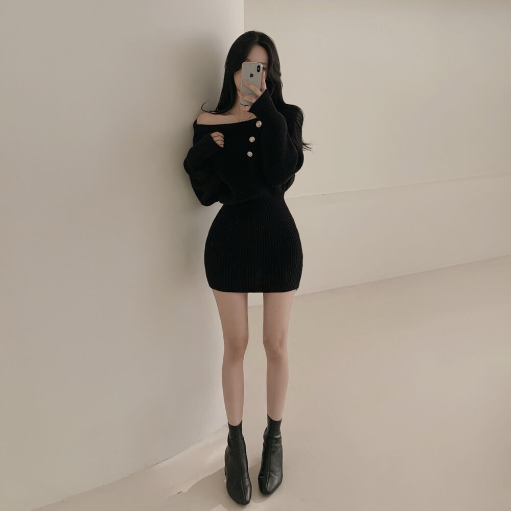 Codibook｜韓國 LOVENSOME 方領長袖針織連身裙[現貨 - 灰色]迷你短洋裝 針織洋裝 女裝 | 蝦皮購物