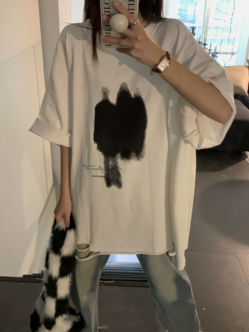 【7739人收藏】大碼胖mm2-300斤破洞t恤女設計感寬鬆bf風中長款短袖上衣潮ins夏 | 蝦皮購物