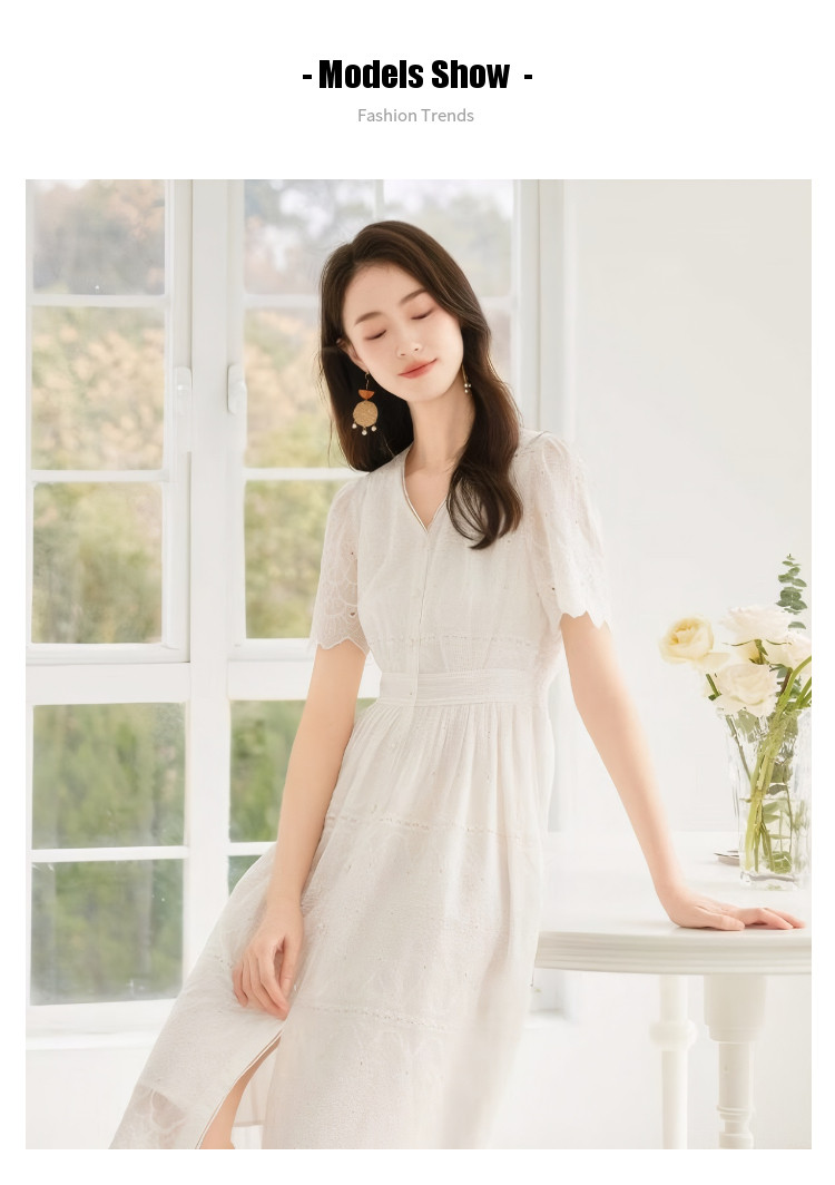 Miguo小米果_鏤空繡花V領中長款連衣裙女 夏季新款 文藝氣質收腰顯瘦小白裙 | 蝦皮購物