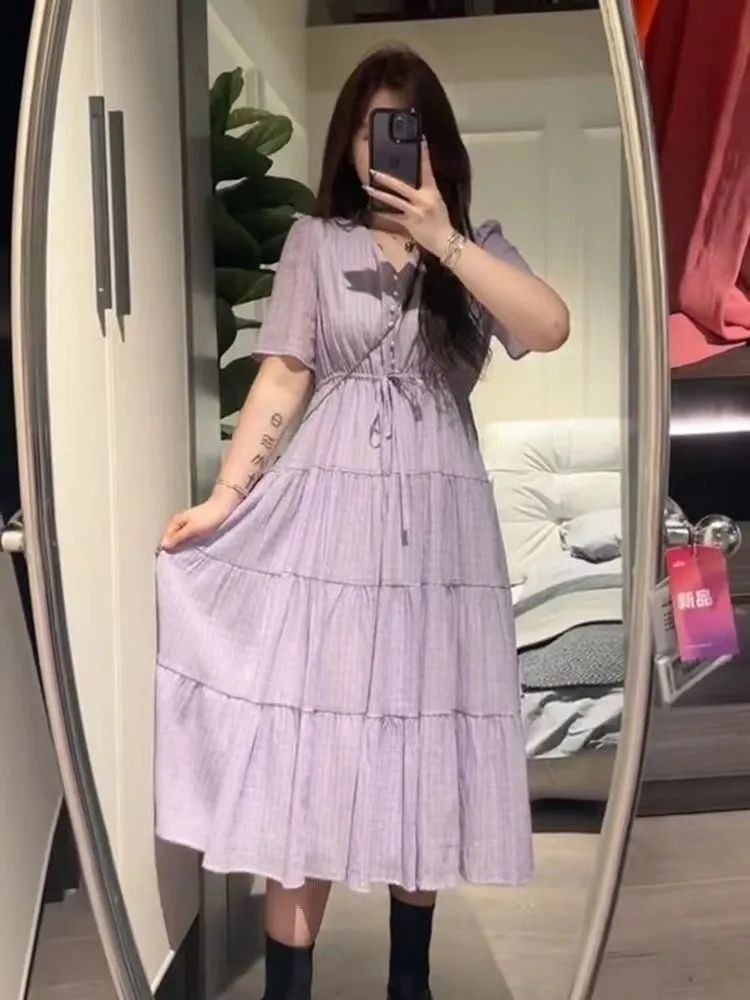 【小胖仙】加大尺碼 大尺碼 梨形胖mm2-300斤法式氣質收腰洋裝夏季女裝大尺碼顯瘦遮肚a字長裙 | 蝦皮購物