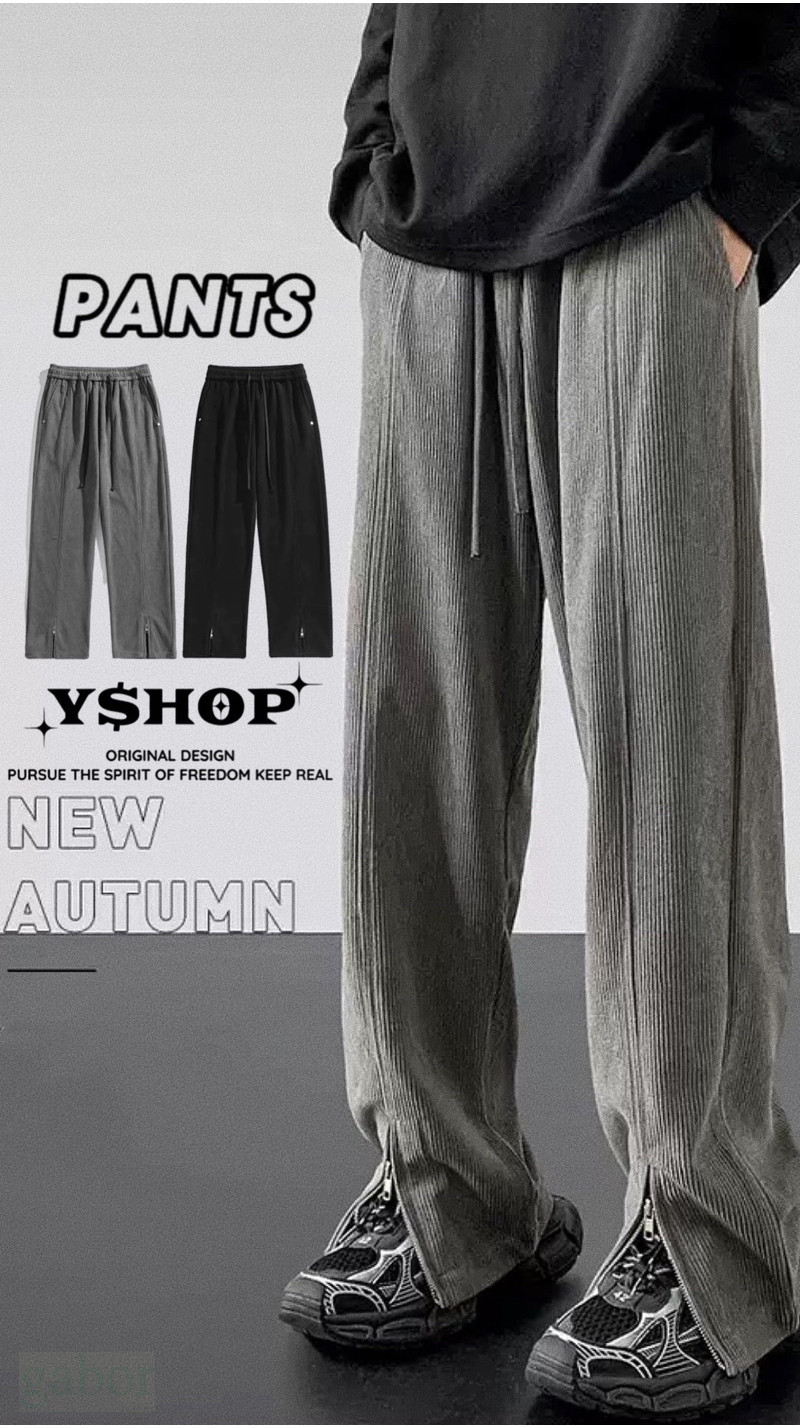 【YSHOP】 韓國 復古 燈芯絨 直筒 開衩 拉鏈 鬆緊腰 古著 長褲 (2 color) | 蝦皮購物