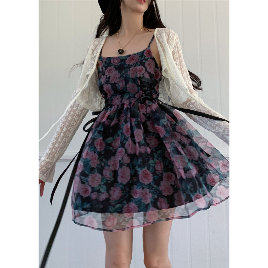 【小胖仙】加大尺碼 大尺碼 大尺碼女裝胖MM2023春夏新款吊帶法式氣質復古碎花洋裝+蕾絲外披 | 蝦皮購物