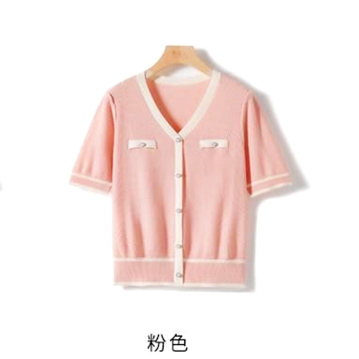 專櫃品質甜美短袖針織衫女士夏季新款領拚色開衫薄款寬鬆正裝上衣 | 蝦皮購物