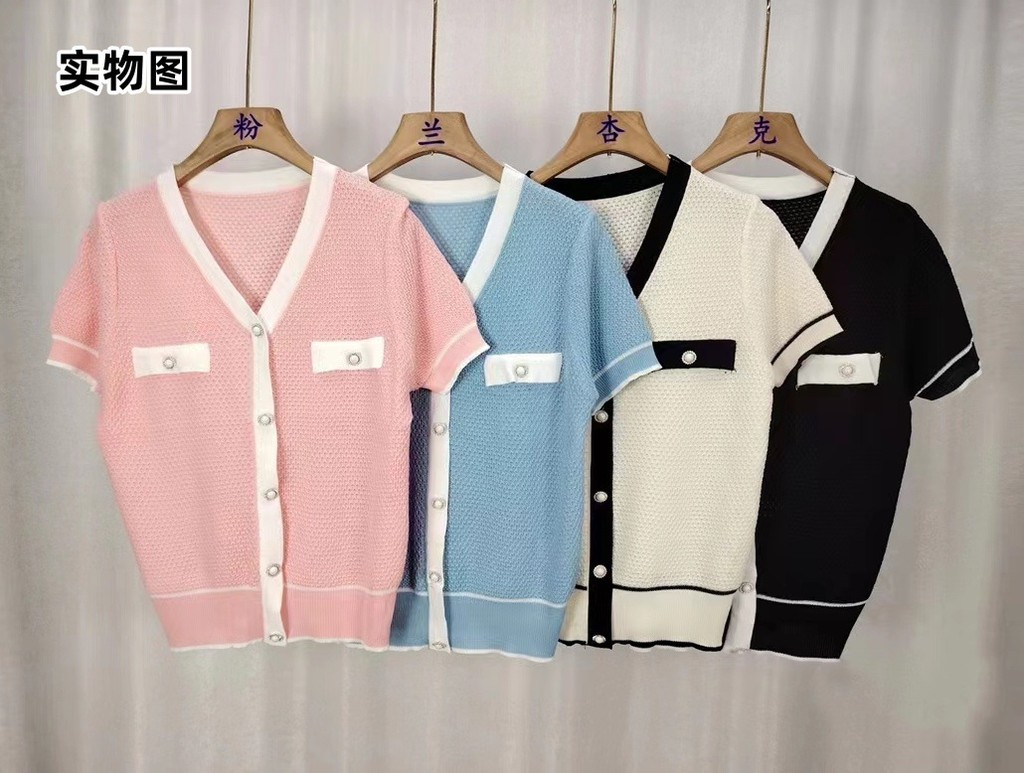 專櫃品質甜美短袖針織衫女士夏季新款領拚色開衫薄款寬鬆正裝上衣 | 蝦皮購物
