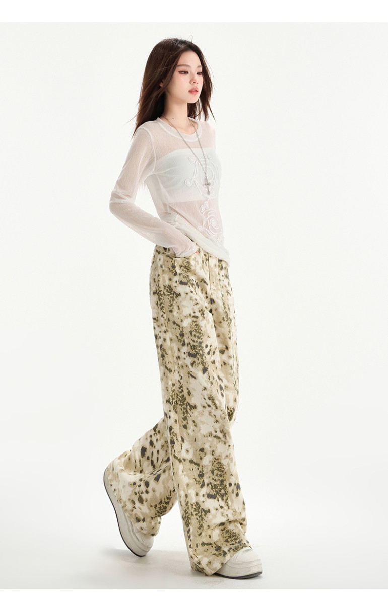 【HOT 本舖】 實拍米白豹紋闊腿牛仔褲女2025年新款高腰寬鬆顯瘦垂墜直筒拖地褲 | 蝦皮購物