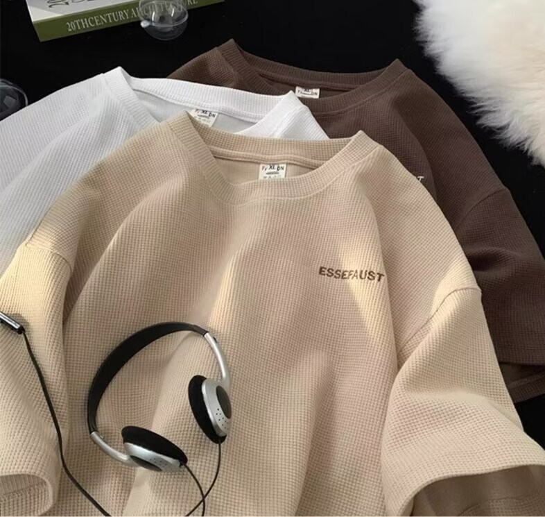 品澄閃閃大舖 M-5XL 夏季華夫格 短袖t恤男 ins寬鬆潮牌 圓領上衣服 潮流 港風簡約體恤 上衣 | 蝦皮購物