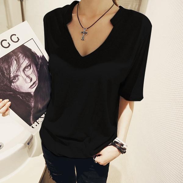 【6折】 透氣 V領T恤 大領口T恤 夏裝胖MM2-300斤大領口T恤女短袖中長款大V領t恤女寬鬆超大尺碼上衣 | 蝦皮購物
