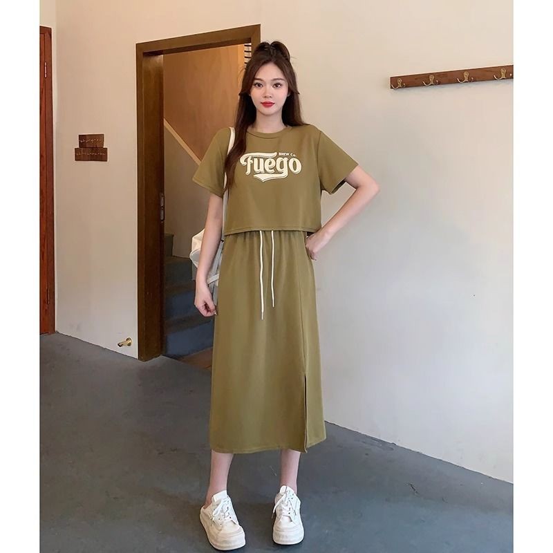 大碼時尚套裝裙女夏季新款胖MM顯瘦短袖上衣開叉半身裙休閒兩件套 | 蝦皮購物
