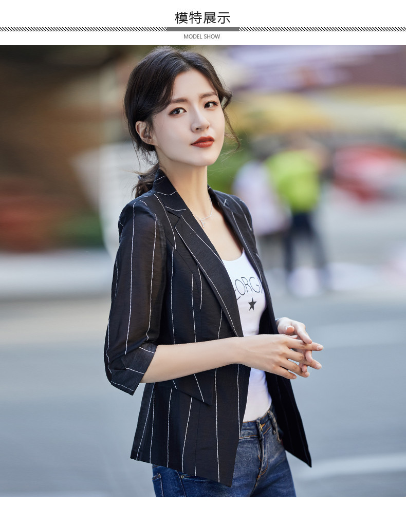Miguo_小西裝外套女 春夏薄款 短款小個子七分袖西裝外套 垂感網紅條紋西服 3色 M-3XL 女生西裝外套 | 蝦皮購物