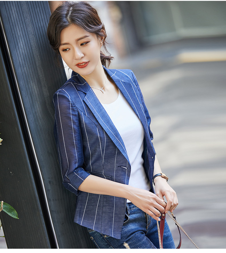 Miguo_小西裝外套女 春夏薄款 短款小個子七分袖西裝外套 垂感網紅條紋西服 3色 M-3XL 女生西裝外套 | 蝦皮購物