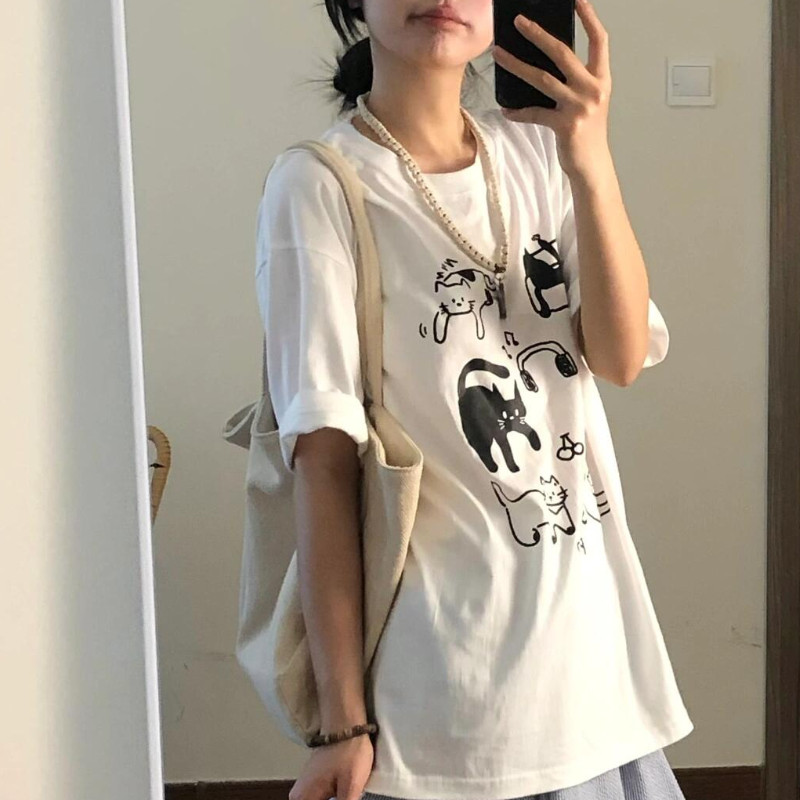 【OHSHI｜台灣24h出貨】韓國手繪黑白貓咪短袖上衣 寬鬆女生休閒T恤 百搭棉t 情侶t 大尺碼上衣 純棉短T 466 | 蝦皮購物
