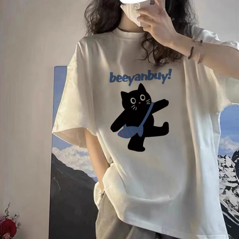 【OHSHI｜台灣24h出貨】背著魚的貓咪T恤 短袖T恤女 大尺碼上衣 女生短袖衣服 寬鬆圓領短t 韓國大T 471 | 蝦皮購物