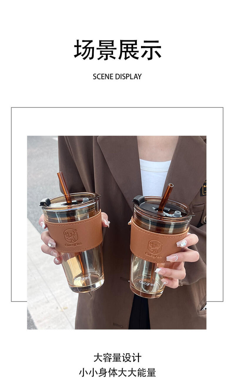 北極光帶蓋玻璃杯 450ml ins風 吸管水杯 雙飲杯 直飲杯 早餐杯 咖啡杯 牛奶杯 果汁杯 水杯 吸管杯 | 蝦皮購物