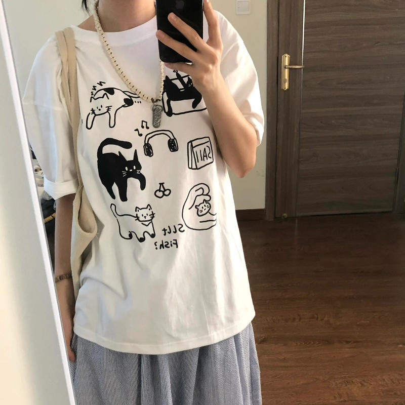【OHSHI｜台灣24h出貨】韓國手繪黑白貓咪短袖上衣 寬鬆女生休閒T恤 百搭棉t 情侶t 大尺碼上衣 純棉短T 466 | 蝦皮購物