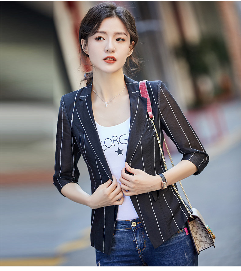 Miguo_小西裝外套女 春夏薄款 短款小個子七分袖西裝外套 垂感網紅條紋西服 3色 M-3XL 女生西裝外套 | 蝦皮購物