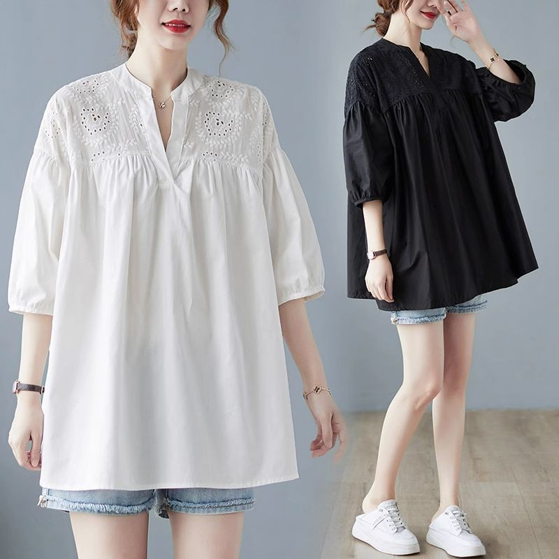 【PixiePop】胖mm大尺碼襯衫 均碼 100公斤以下可穿 黑白雙純色可選 繡花縷空V領 寬鬆顯瘦半短袖上衣 薄款 | 蝦皮購物