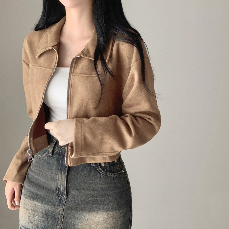 Codibook｜韓國 JASMINBELL 素面剪裁翻領短版拉鍊絨布夾克外套[預購]拉鍊外套 皮革外套 女裝 | 蝦皮購物