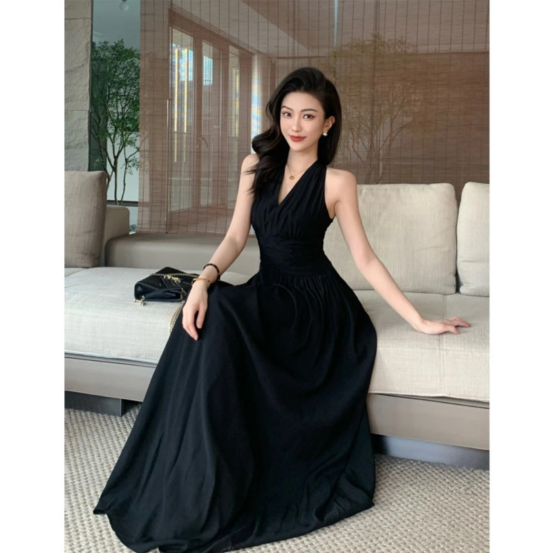 Miguo_時尚收腰黑色長裙 小黑裙 氣質顯瘦連衣裙 無袖V領洋裝 禮服裙 生日晚宴禮服 新增杏色 | 蝦皮購物