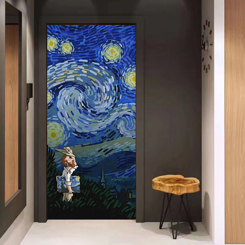 自粘貼紙 卡通貼紙 牆貼 門貼 梵高油畫星空門貼紙自粘防水臥室宿舍海報整張木門翻新衣櫃門貼畫 | 蝦皮購物